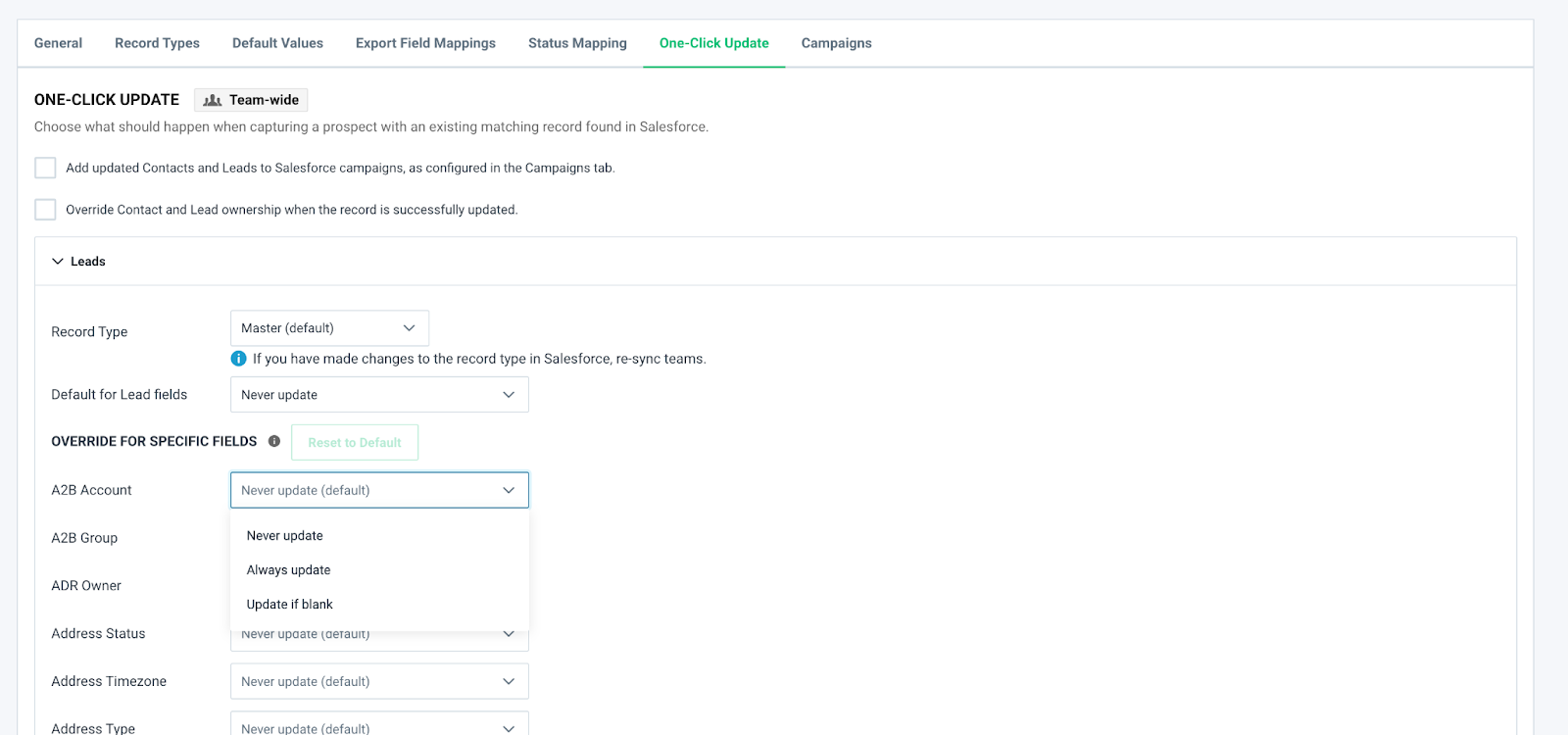 One-Click Update Settings – LeadIQ